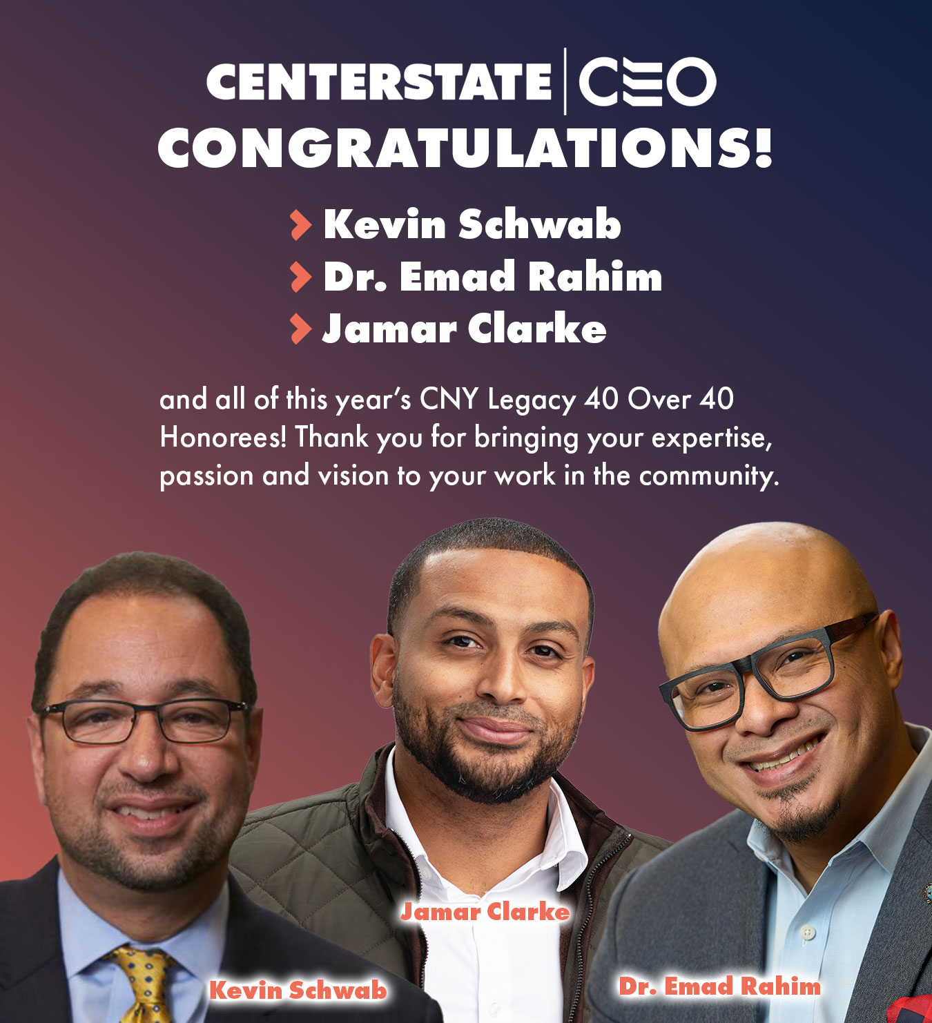 Kevin Schwab, Dr. Emad Rahim and Jamar Clarke to be Honored with Inaugural Central New York 40 ...